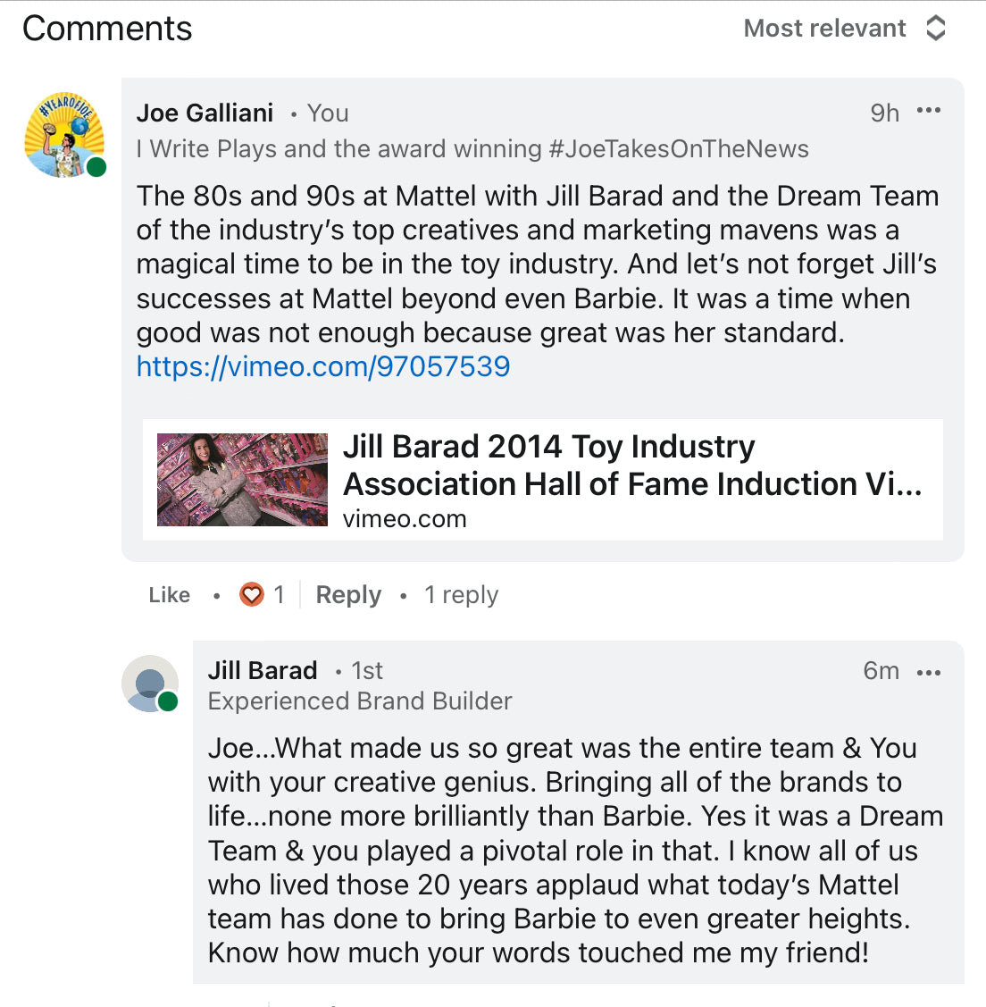 Former Mattel CEO, Jill Barad, and Me on LinkedIn Today – Mr. Joe’s ...